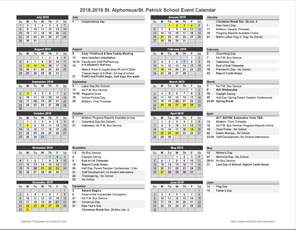 St. Alphonsus Saint Patrick School - Overall Yearly School Calendar